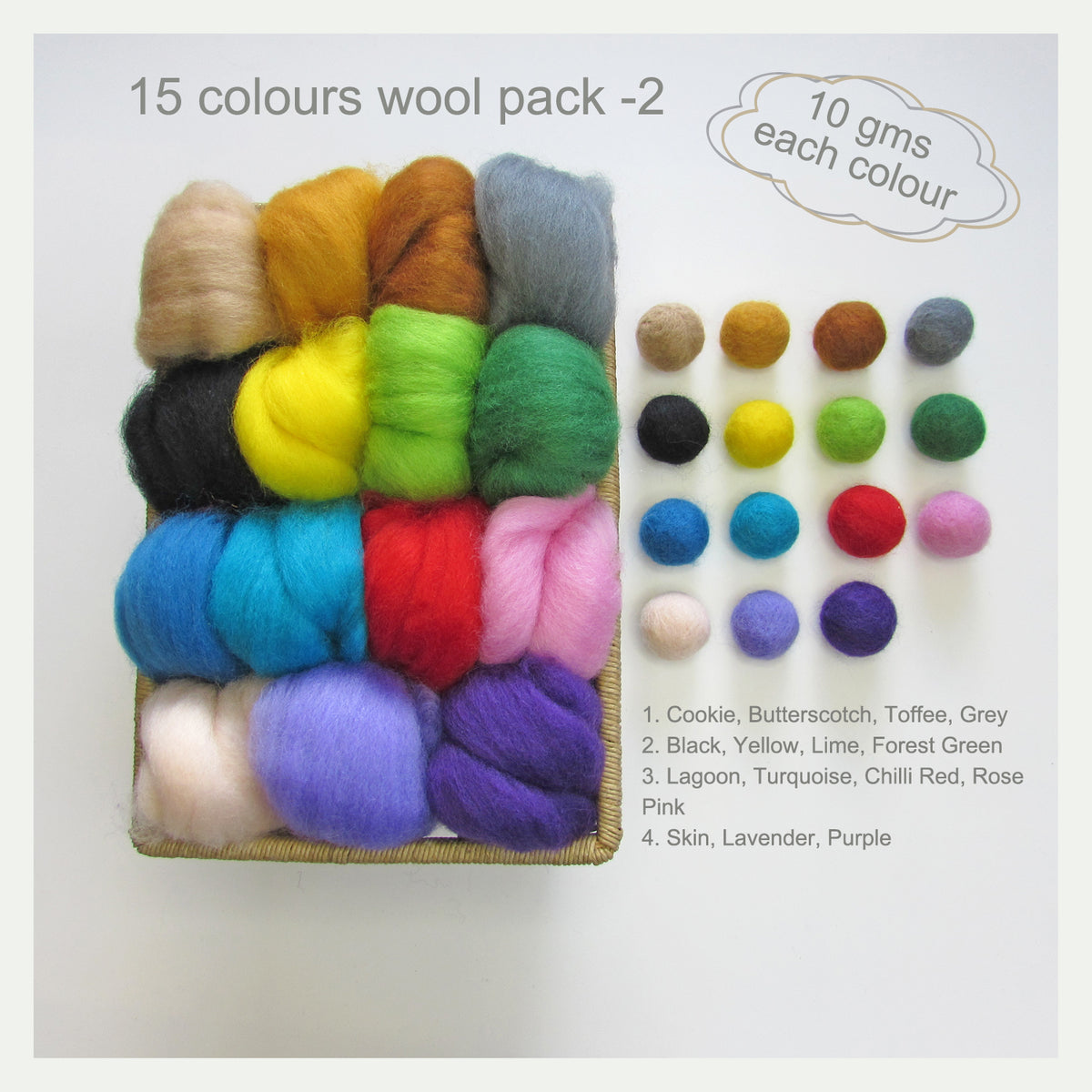 15 Colours Wool Roving Packs - 5 different combinations – felting 4 fun